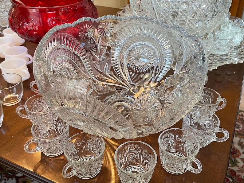 Pinwheel and Stars Crystal Punch Bowl Set 15 Matching Flared - Etsy