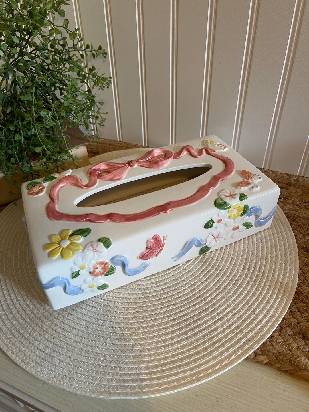Vintage Floral Ceramic Tissue Box Cover, Pink Ribbon Design - Etsy