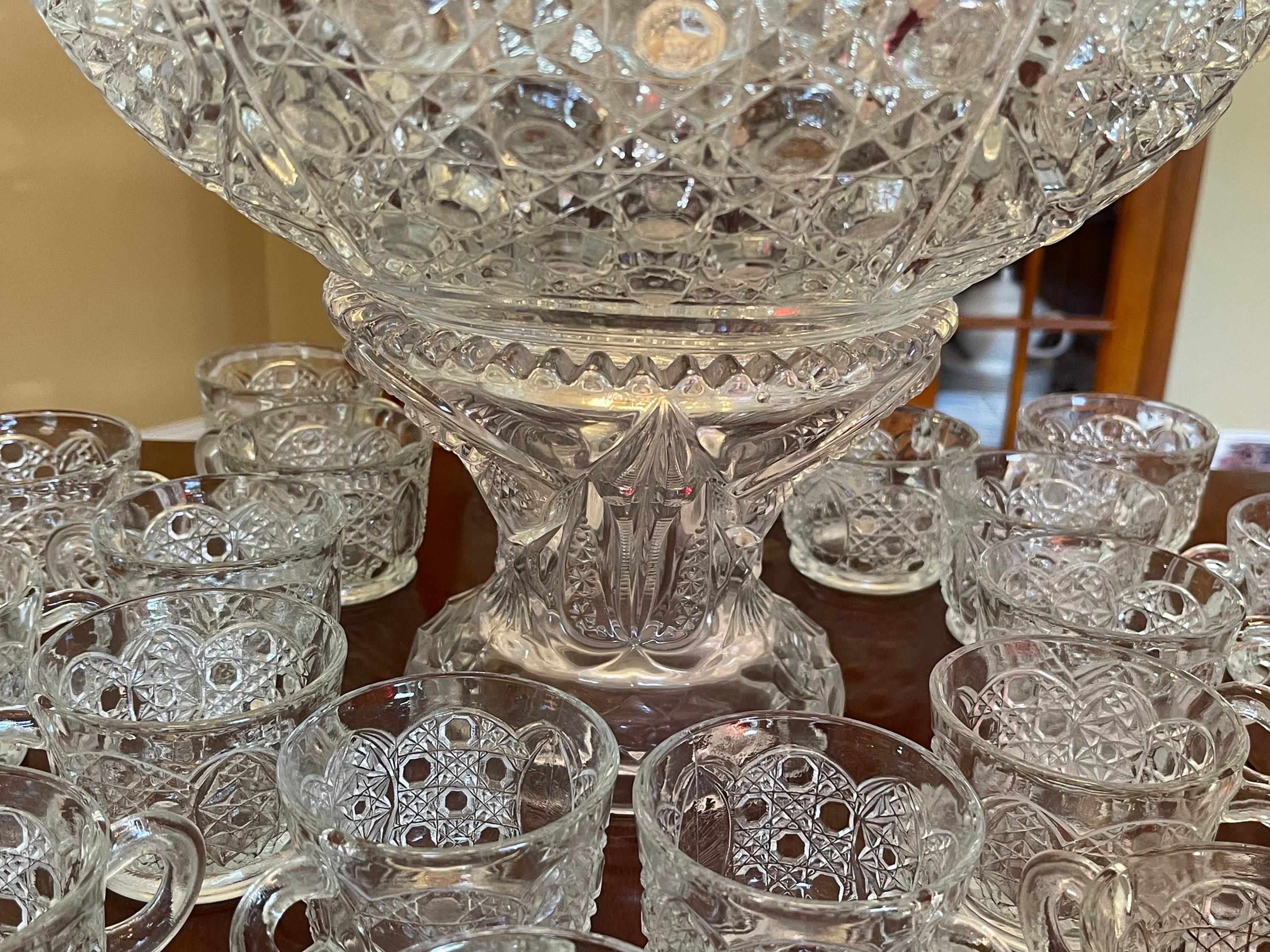 Vintage Crystal Punch Bowl Set 18 Matching Cups Pedestal Etsy