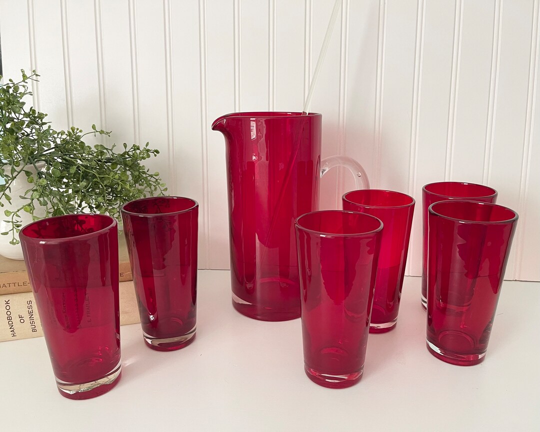 ON SALE: Ruby Red Hand Blown Art Glass Pitcher Set – 6 Glasses & Stir ...