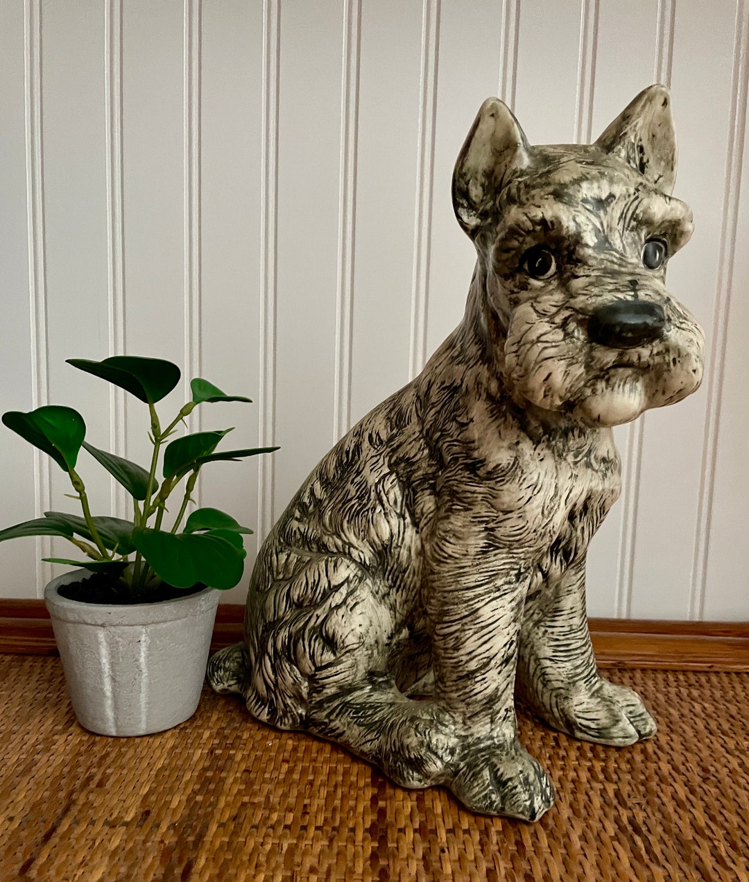 Vintage Ceramic Schnauzer Figurine Statue in Grey and White. Large Dog ...