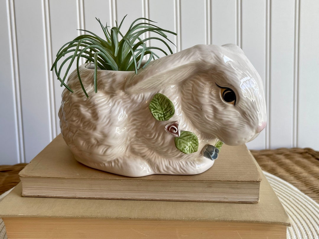 White Ceramic Bunny Planter With Pink Flower Necklace. Long Eared ...