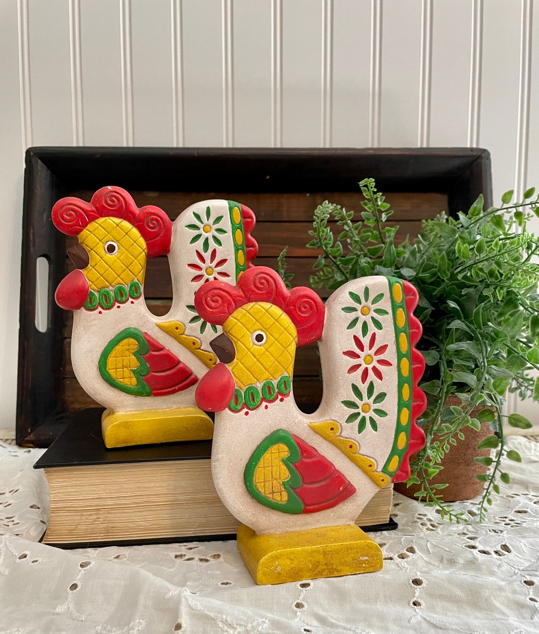 Ceramic Roosters Set of 2 Mexican Style Red Yellow Green Southwestern ...