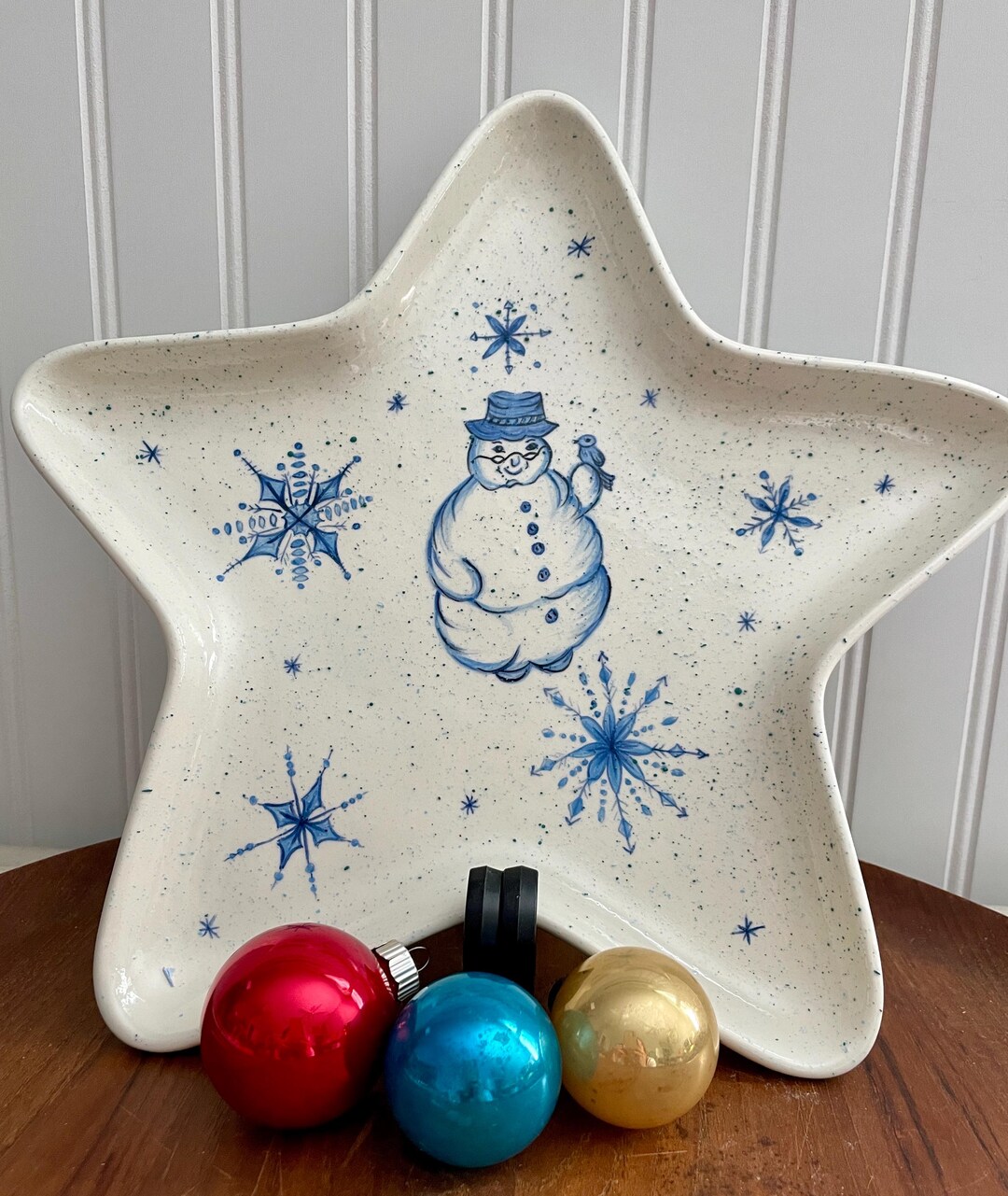 Vintage Hand Painted Ceramic Star Christmas Tray: Snowman & Bird ...