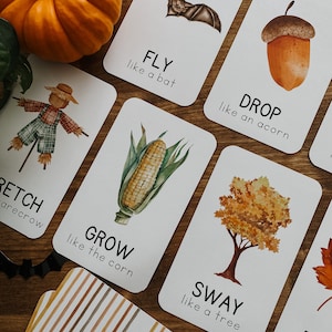 Fall Movement Cards, Autumn Flash Cards, Calming Corner Activity, Kids ...
