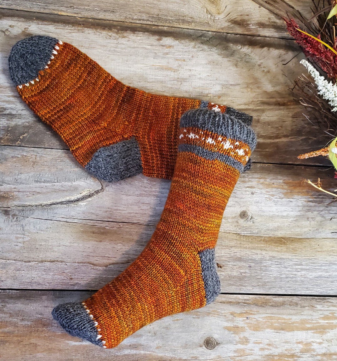 Hand Knit Rust With Gray and White Fair Isle Pattern Socks - Etsy