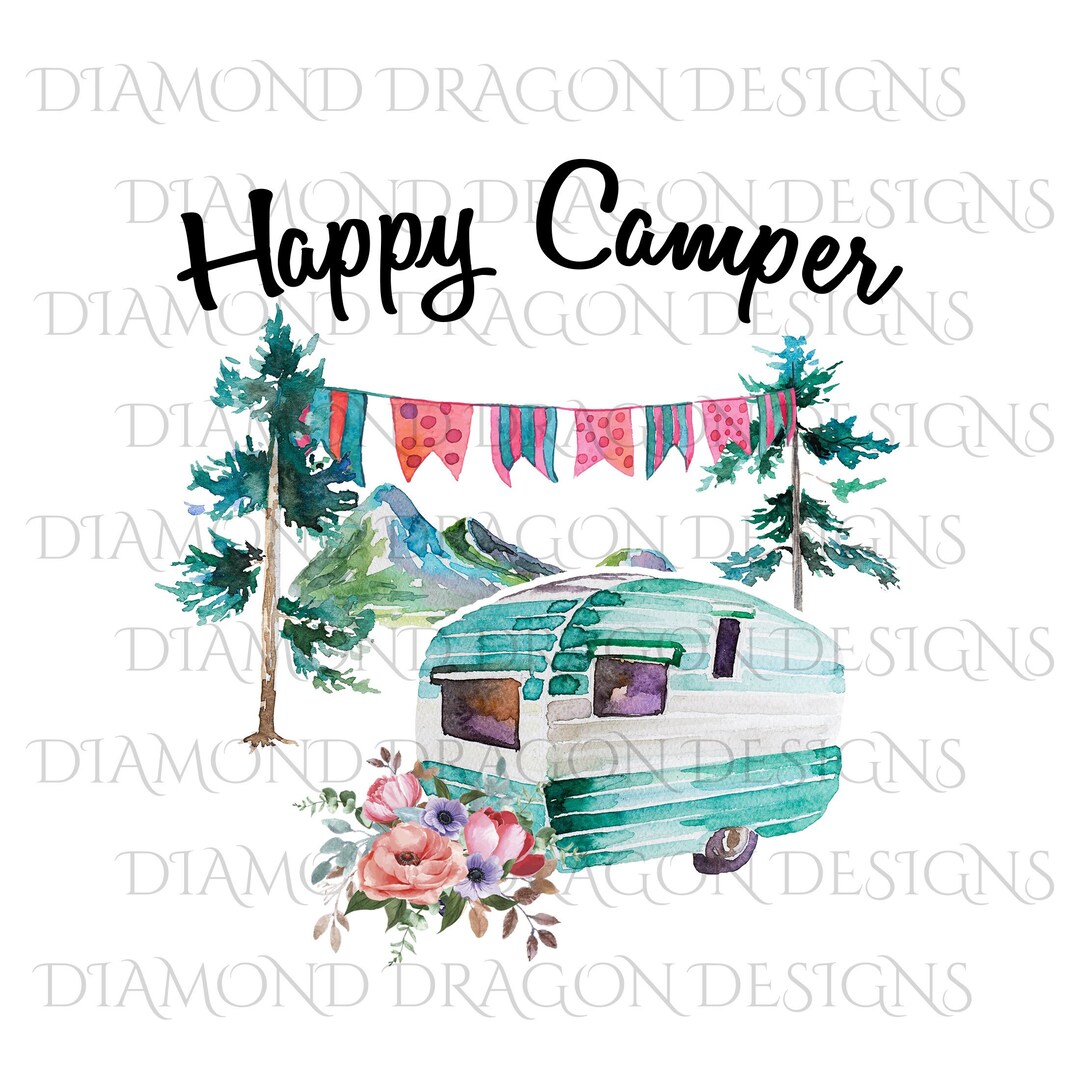 Camping, Watercolor Camper, Happy Camper, Mountains, Floral Clear ...