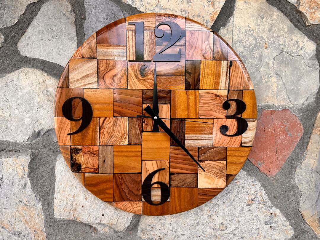 Olive Wood Wall Clock, Wooden Wall Decor, Big Wood and Metal Wall Clock ...