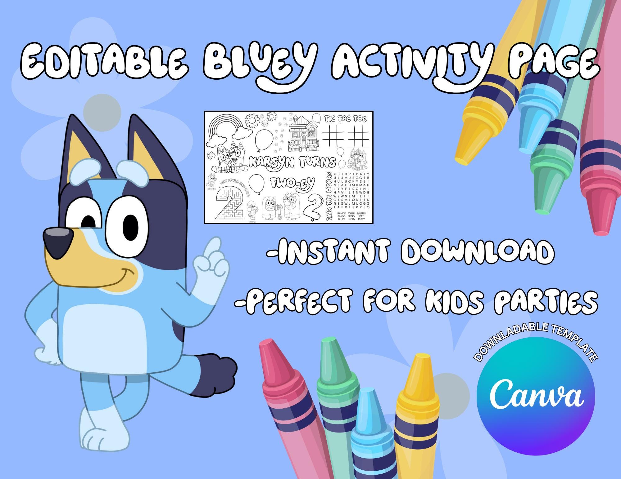 Bluey EDITABLE Birthday Activity + Coloring Mat - Etsy