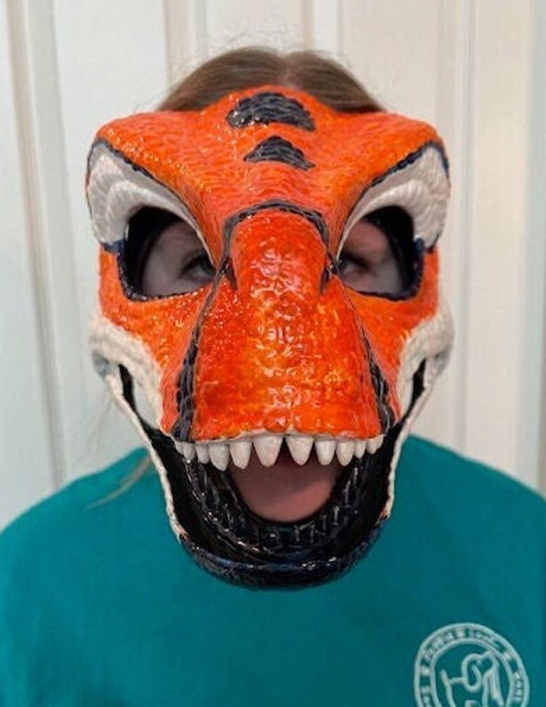 Orange, White, and Navy Blue Dino Mask - Etsy