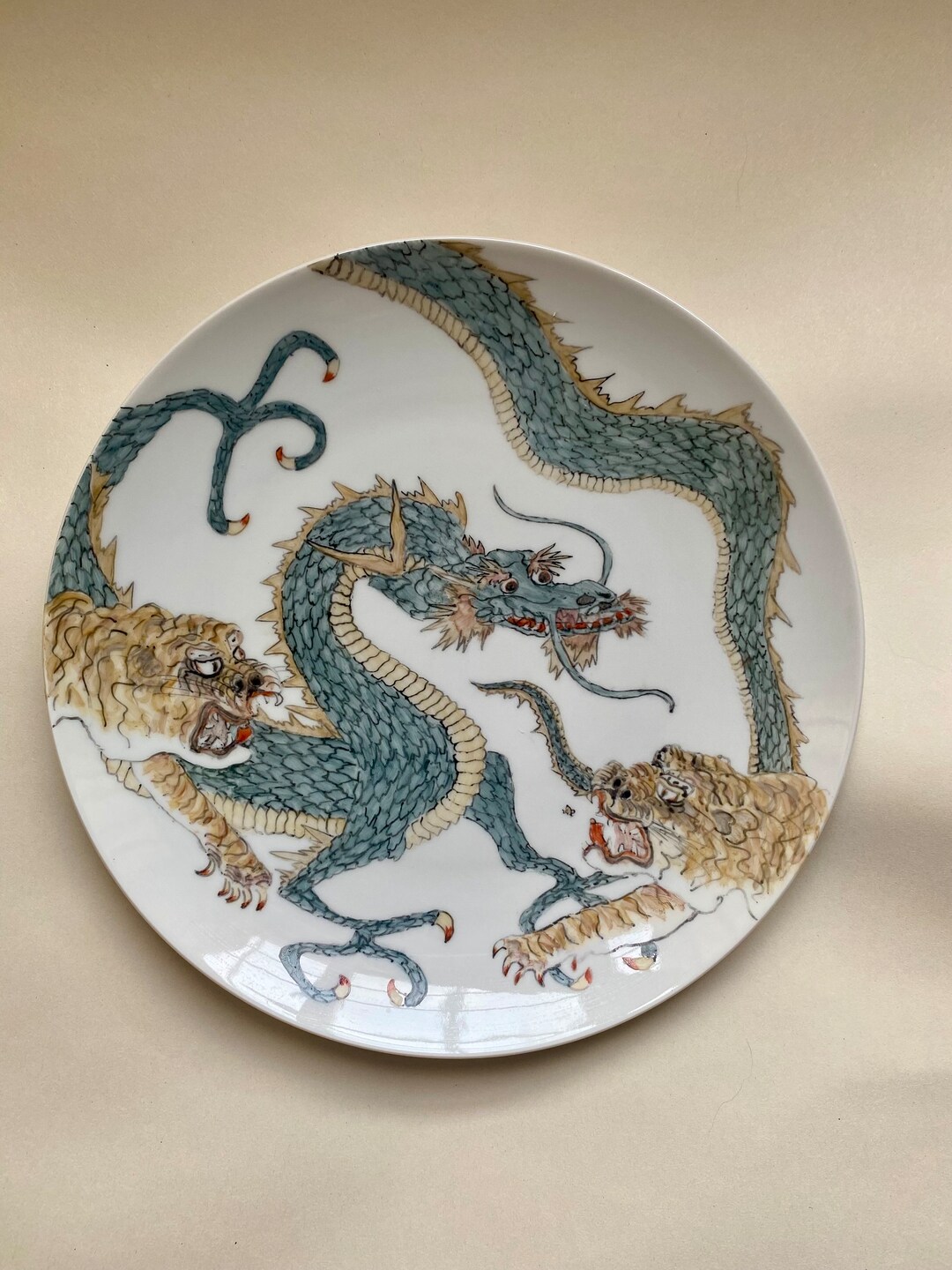 Vintage Oriental Porcelain Hand Painted Dragon&tiger Plate - Etsy