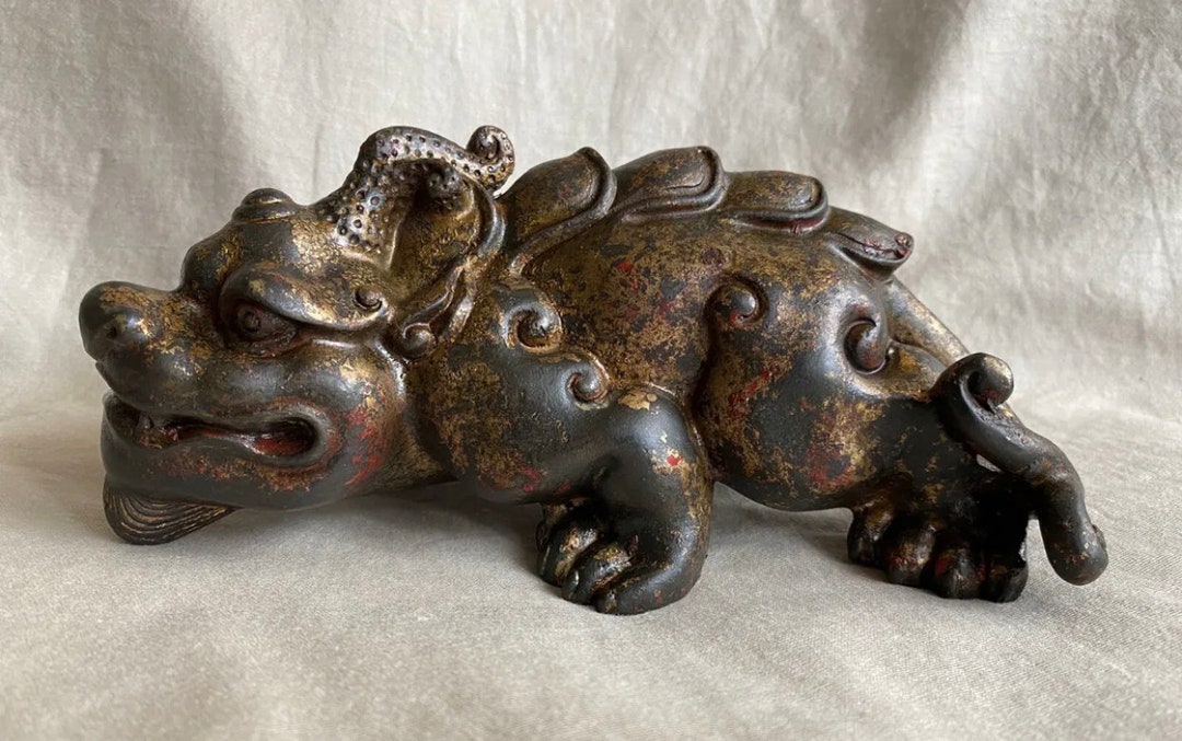 Antique Chinese Archaic Gold Gilded Bronze Fu Dragon Statue - Etsy