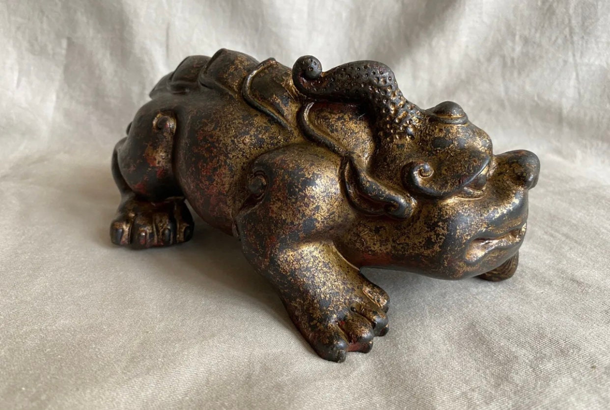 Antique Chinese Archaic Gold Gilded Bronze Fu Dragon Statue - Etsy