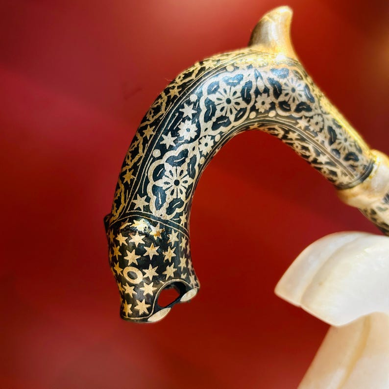 Vintage Indian Mughal Islamic Silver Damascened Tiger Grip Folding ...
