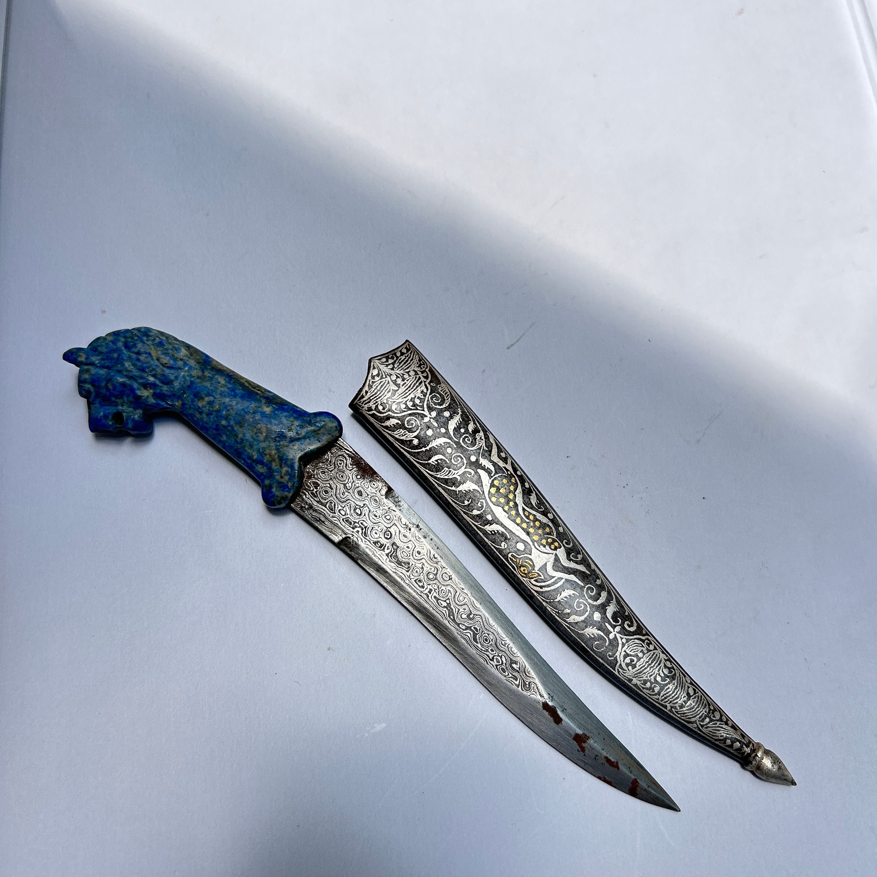 Indian Assorted Dagger Khanjar Knife With Silver and Gold Damascening & Lapis Lazuli Tiger Hear ...