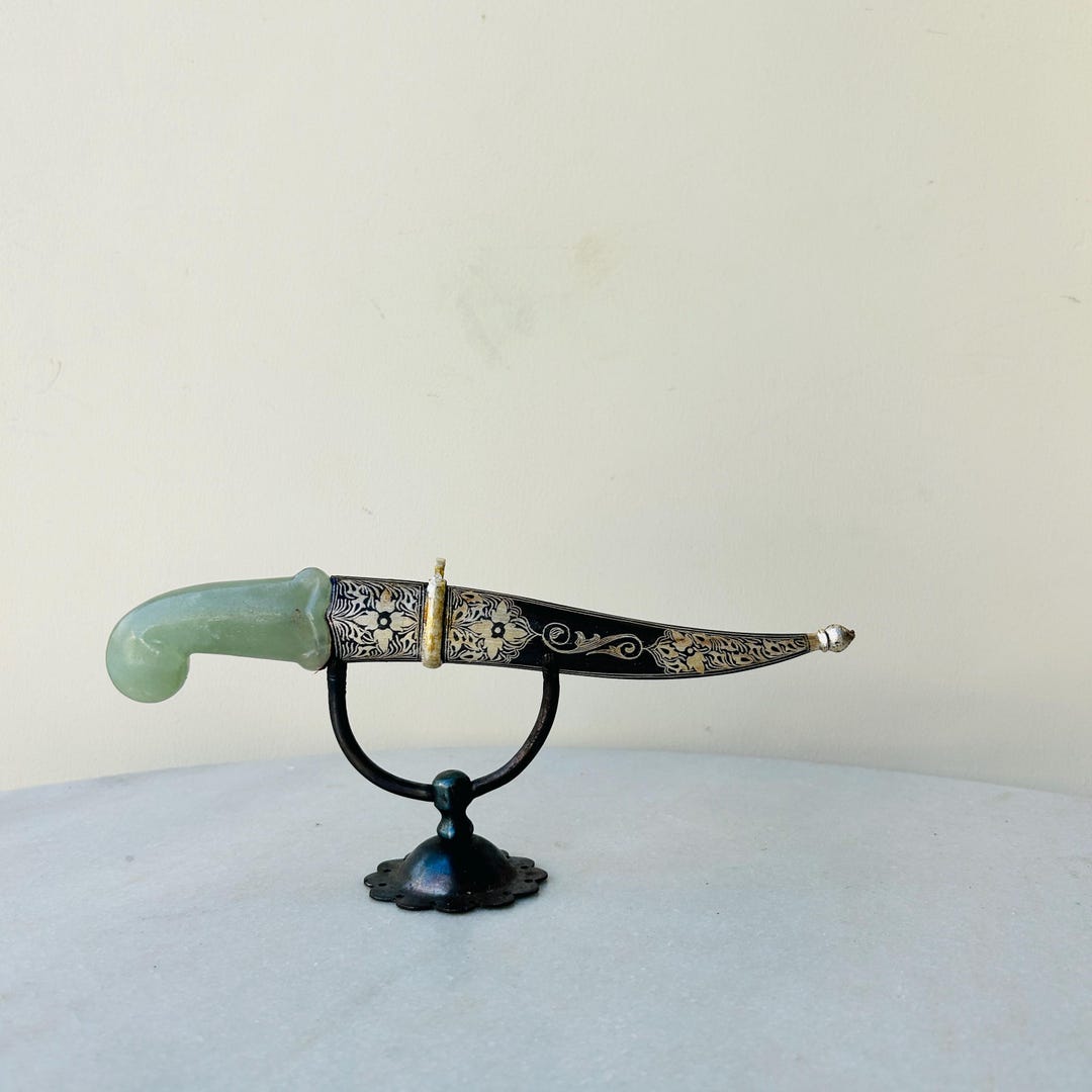 Indian Khanjar Dagger: Damascus Blade, Silver Koftgari, Jade Peacock ...