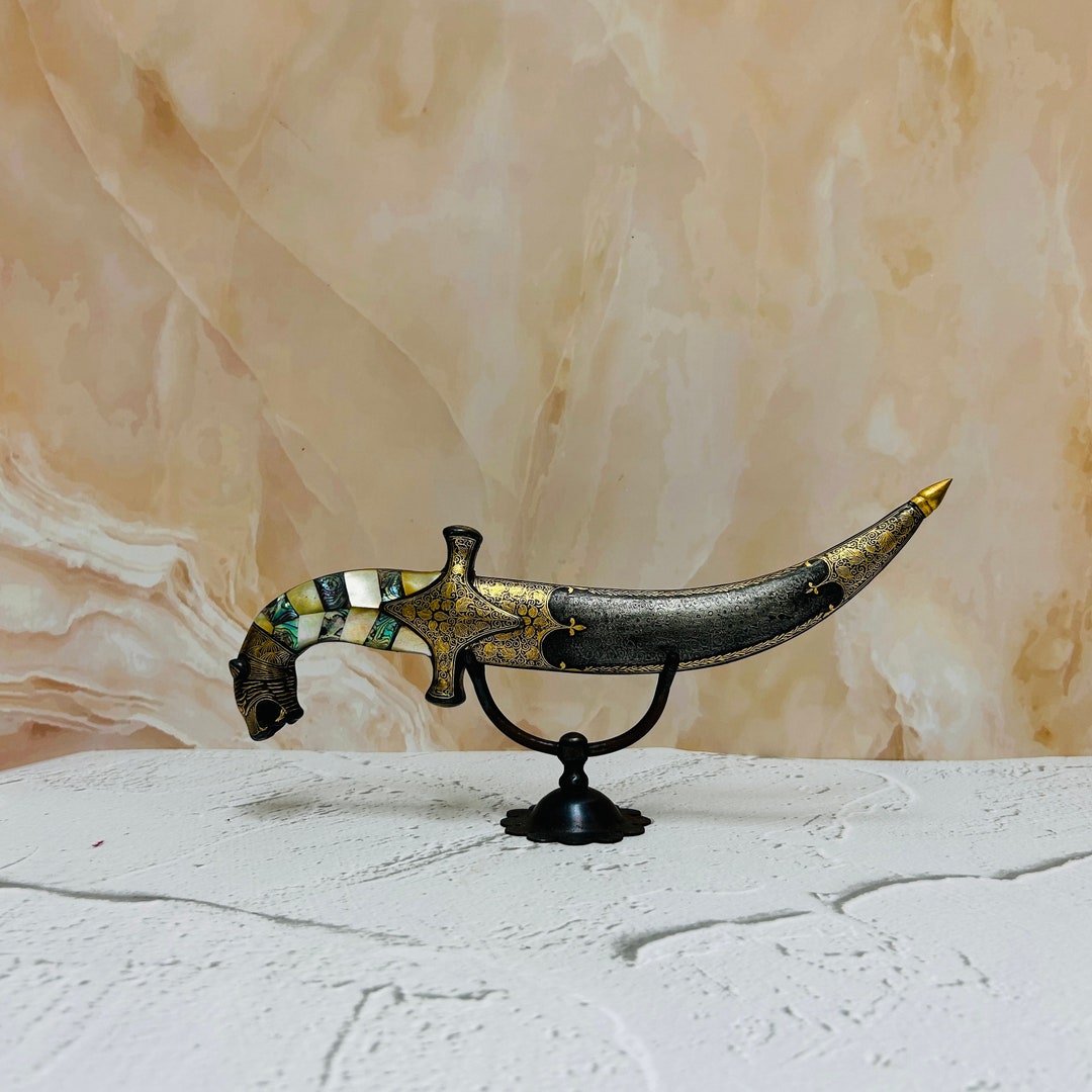 Indian Oriental Dagger Knife in Silver & Gold Koftgari in Tiger Face ...