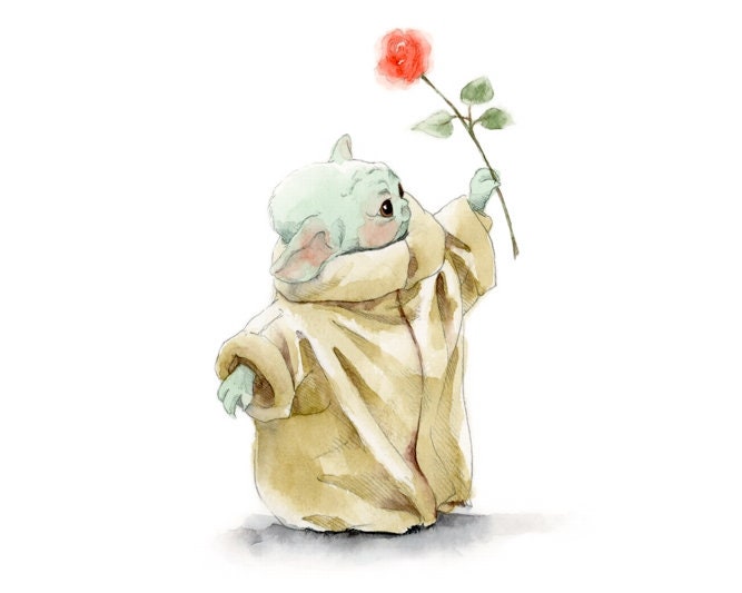 Grogu and Red Rose Art Print | Baby Yoda Watercolor Painting | Mother's ...