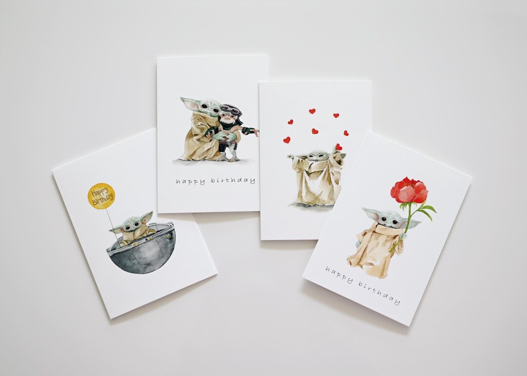 Set of 3 Grogu Birthday Cards, Watercolor Baby Yoda Fan Art Stationery ...