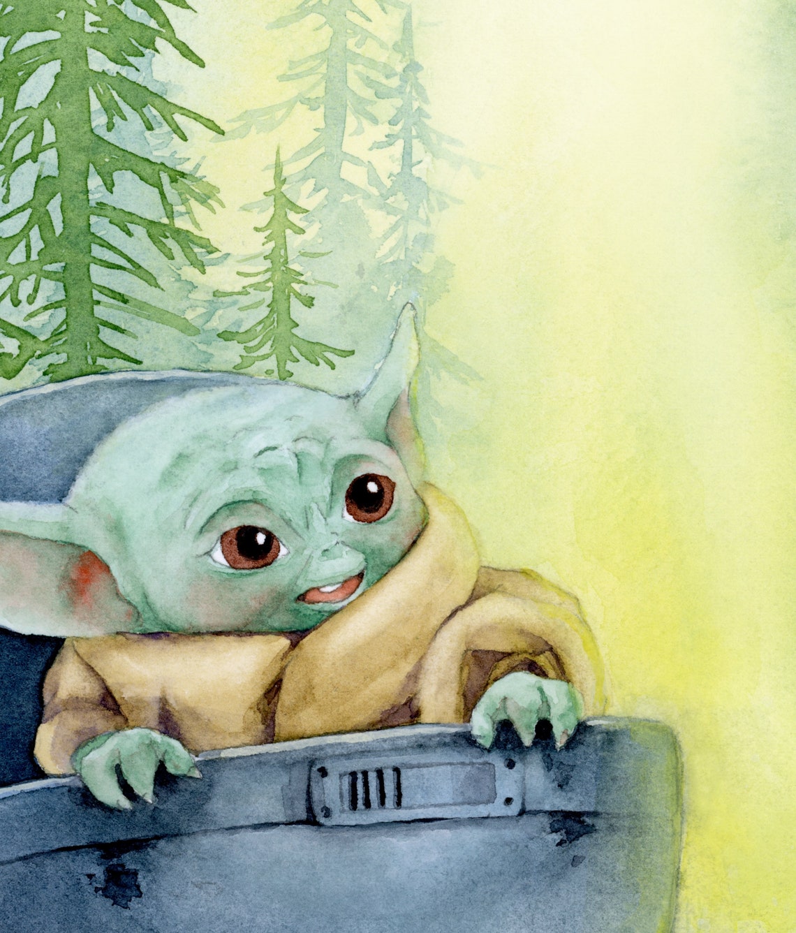 Grogu in Hover Pram Art Print Baby Yoda Watercolor Painting - Etsy