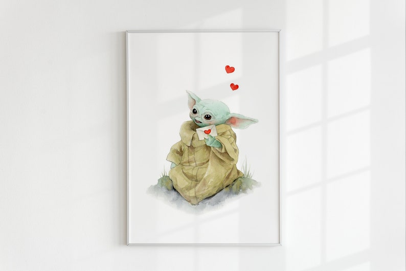 Grogu and Love Letter Art Print Baby Yoda Nursery Art Grogu Valentine's ...