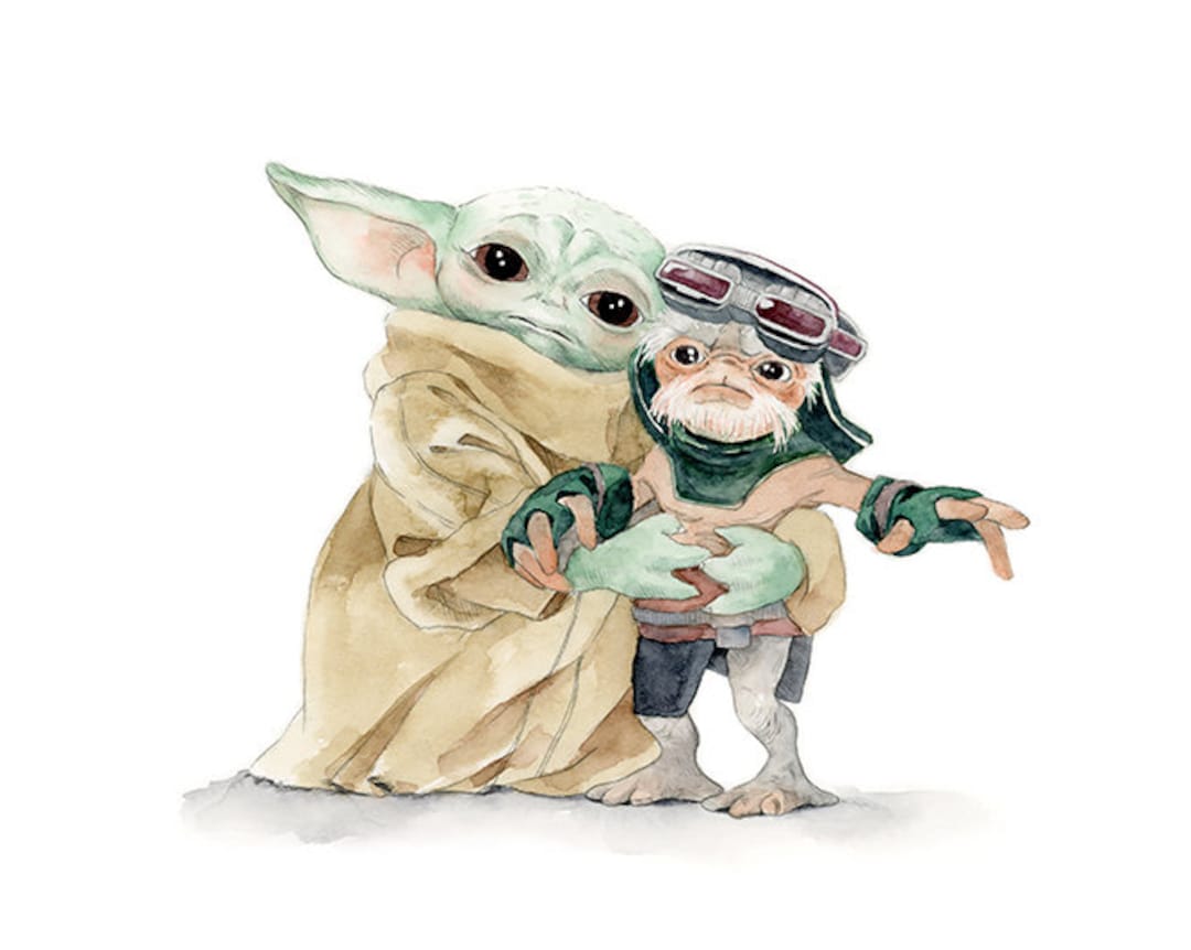 5x7 Grogu and Anzellan Art Print No Squeezie, Bad Baby Grogu Watercolor ...