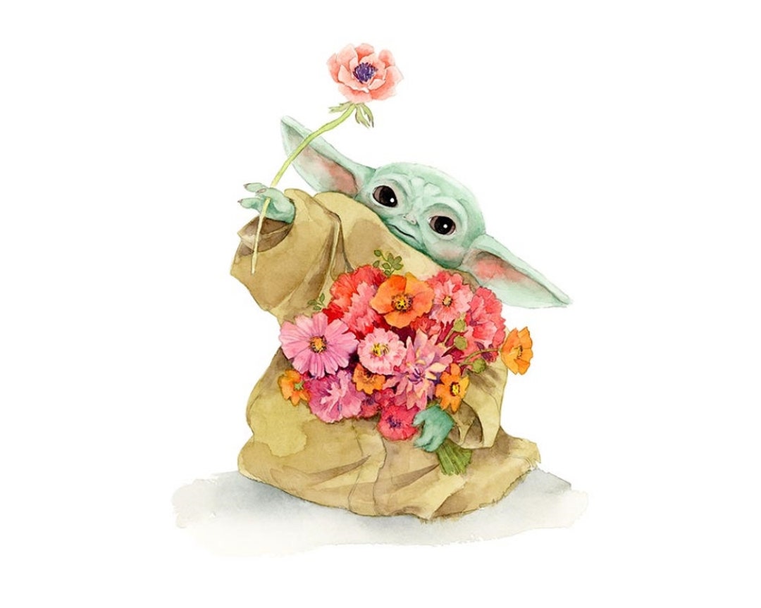 Baby Yoda and Pink Flower Bouquet Art Print | Grogu Watercolor Painting ...