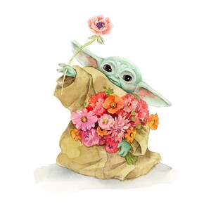 Baby Yoda and Pink Flower Bouquet Art Print | Grogu Watercolor Painting ...