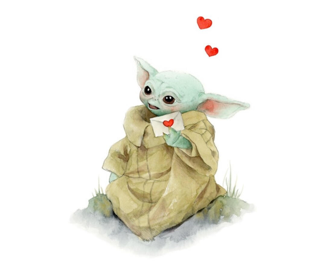 Grogu and Love Letter Art Print Baby Yoda Nursery Art Grogu Valentine's ...