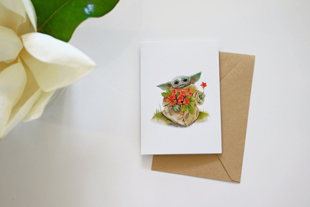 Baby Yoda Greeting Card | Grogu and Red Flowers Bouquet Folded Card ...