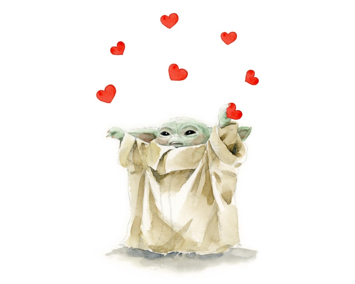 Grogu and Red Hearts Art Print Baby Yoda Watercolor Painting - Etsy