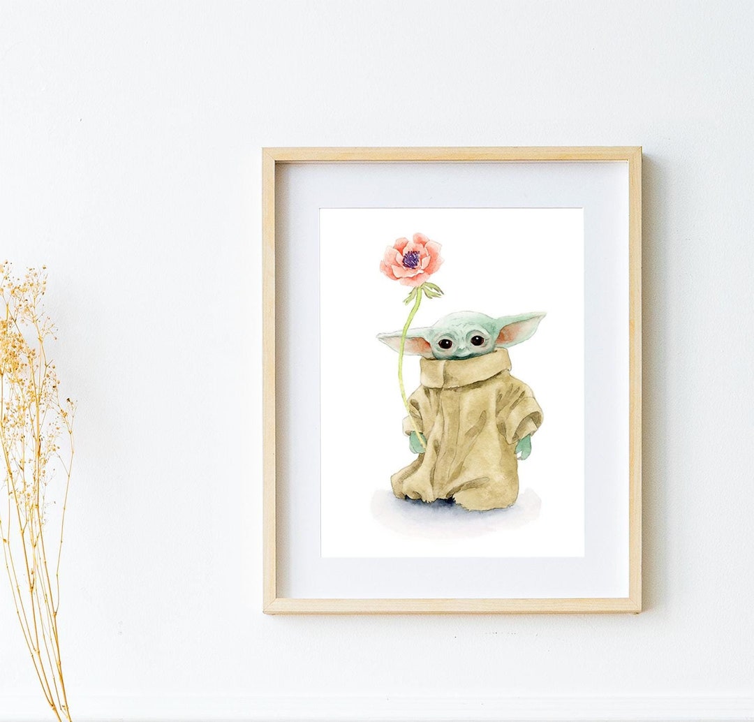 Grogu and Pink Flower Art Print | Baby Yoda Watercolor Painting | Grogu ...