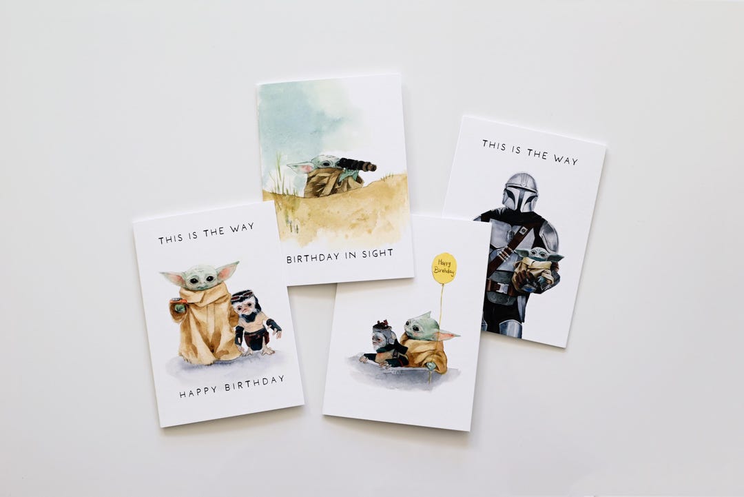 Set of 3 Grogu Birthday Cards, Watercolor Baby Yoda Fan Art Stationery ...