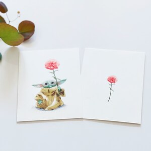 Grogu and Pink Carnation Greeting Card Baby Yoda and Flower Folded Card ...