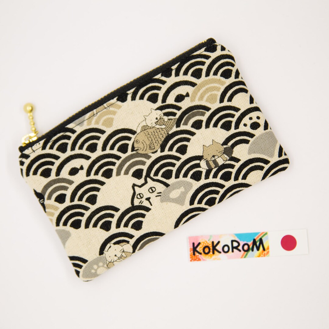 Japanese Seigaiha Cat NAMI-NEKO Flat Pouch / Kawaii Handmade Gift Coin ...