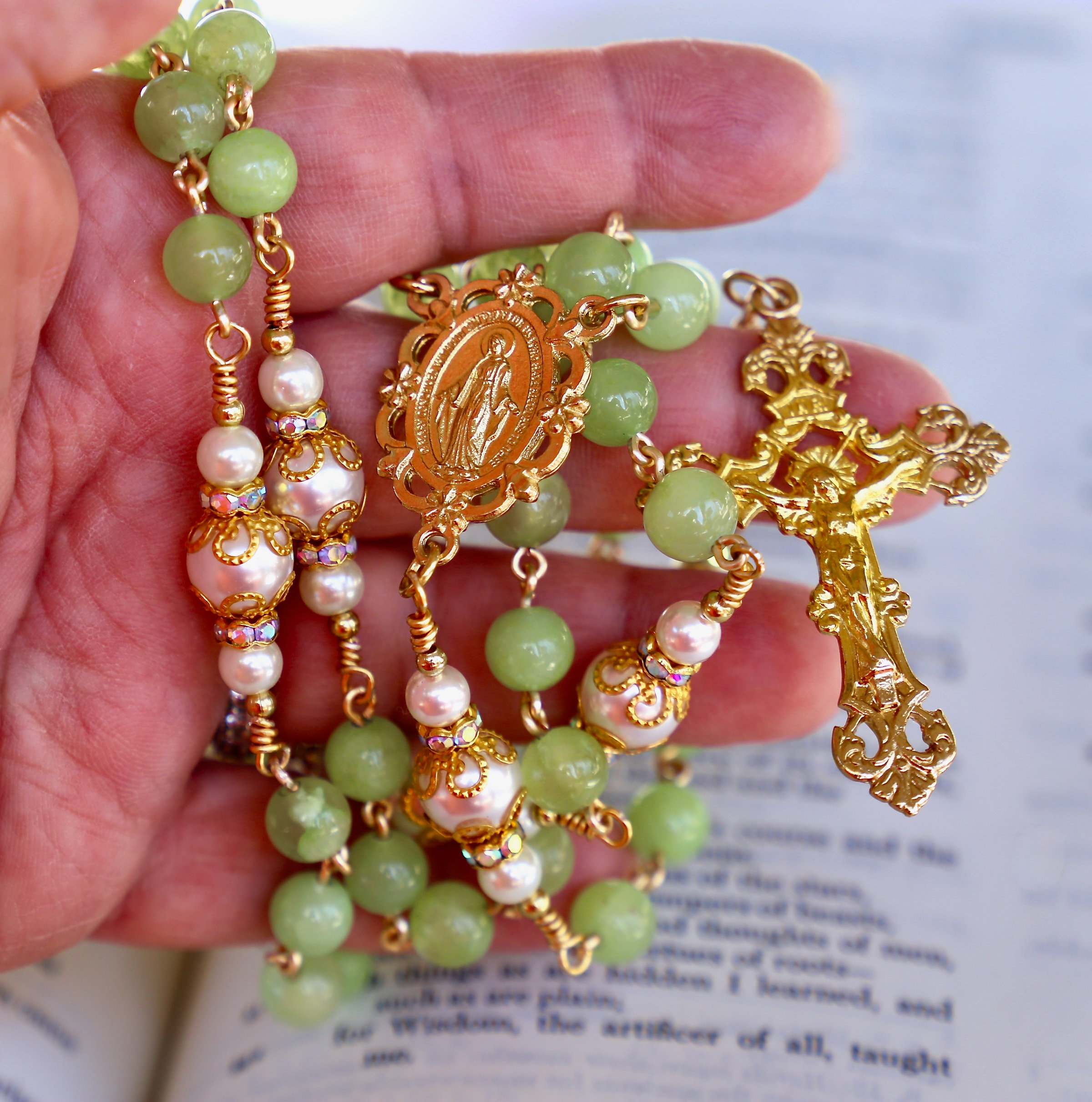 Green Flower Jade, Catholic Rosary, MOTHER'S DAY, Silver-plated, Large ...
