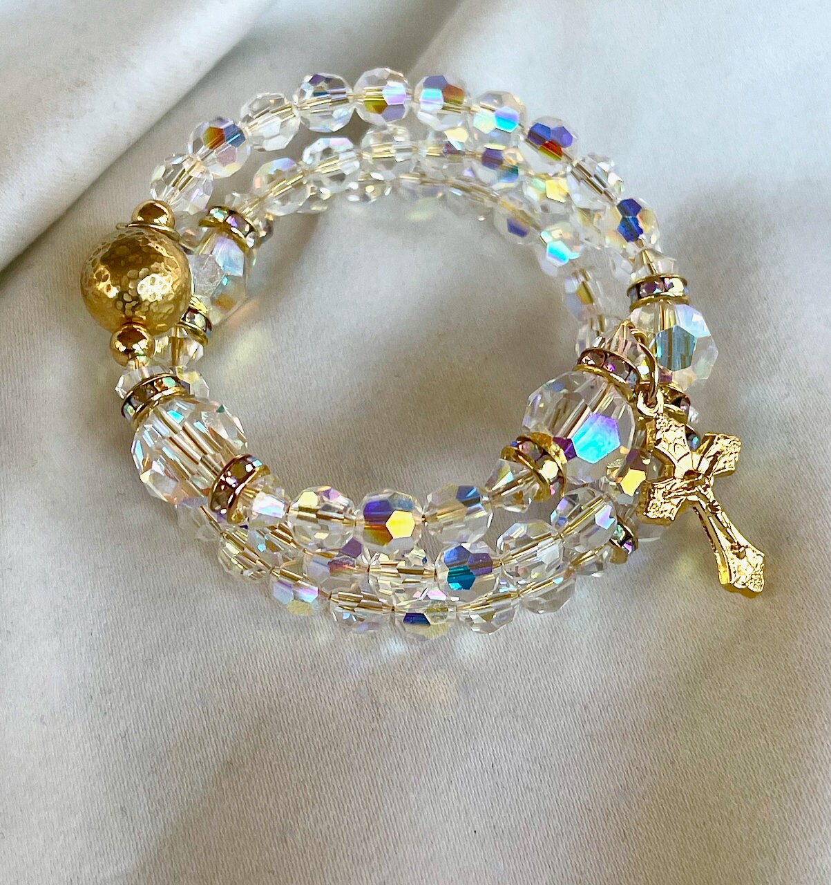 Catholic Rosary Bracelet Shimmery AB Swarovski Crystals and Rondelles Gold plated Memory Wire Wedding Bride 1st Holy Communion Gift Etsy
