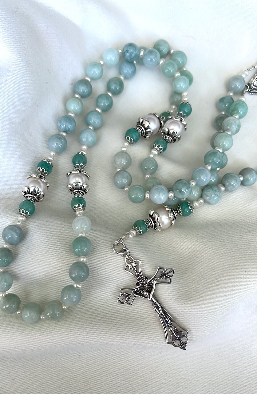 Elegant, Mint Jade Rosary, Teeny Tiny White Freshwater Pearls, Sterling ...