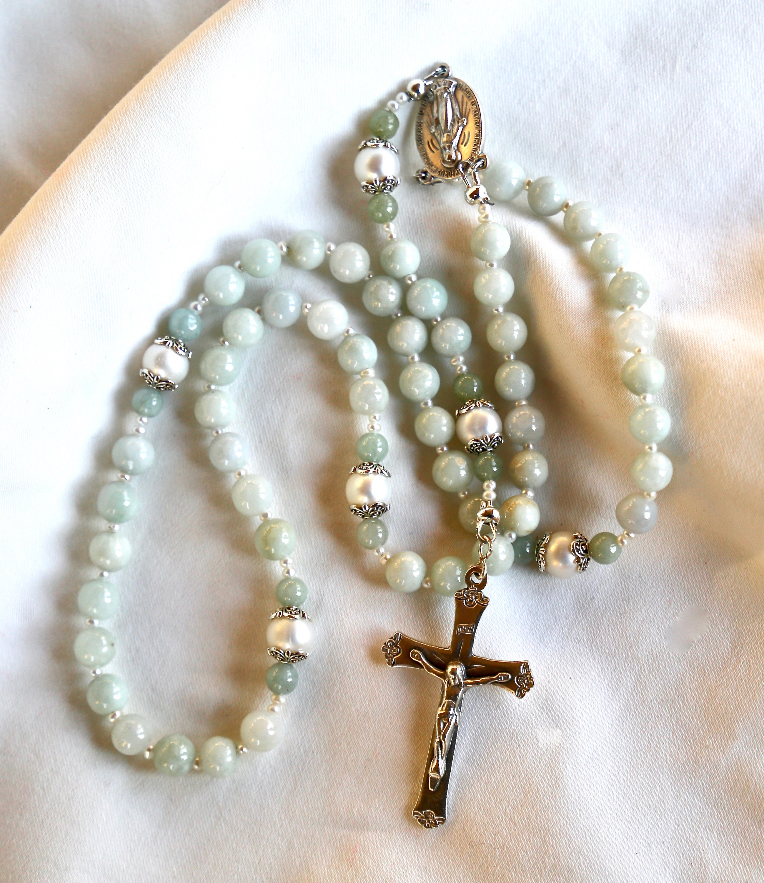 Elegant, Mint Jade Rosary, Teeny Tiny White Freshwater Pearls, Sterling ...