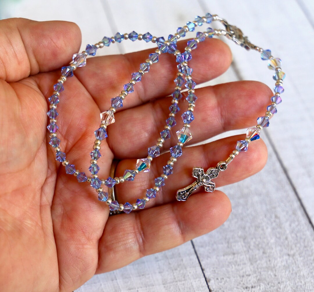 Baby Boy or Girl Rosary, Blue or Pink Rosary, Swarovski Pearls, Swarovski AB Crystals, TINY ...