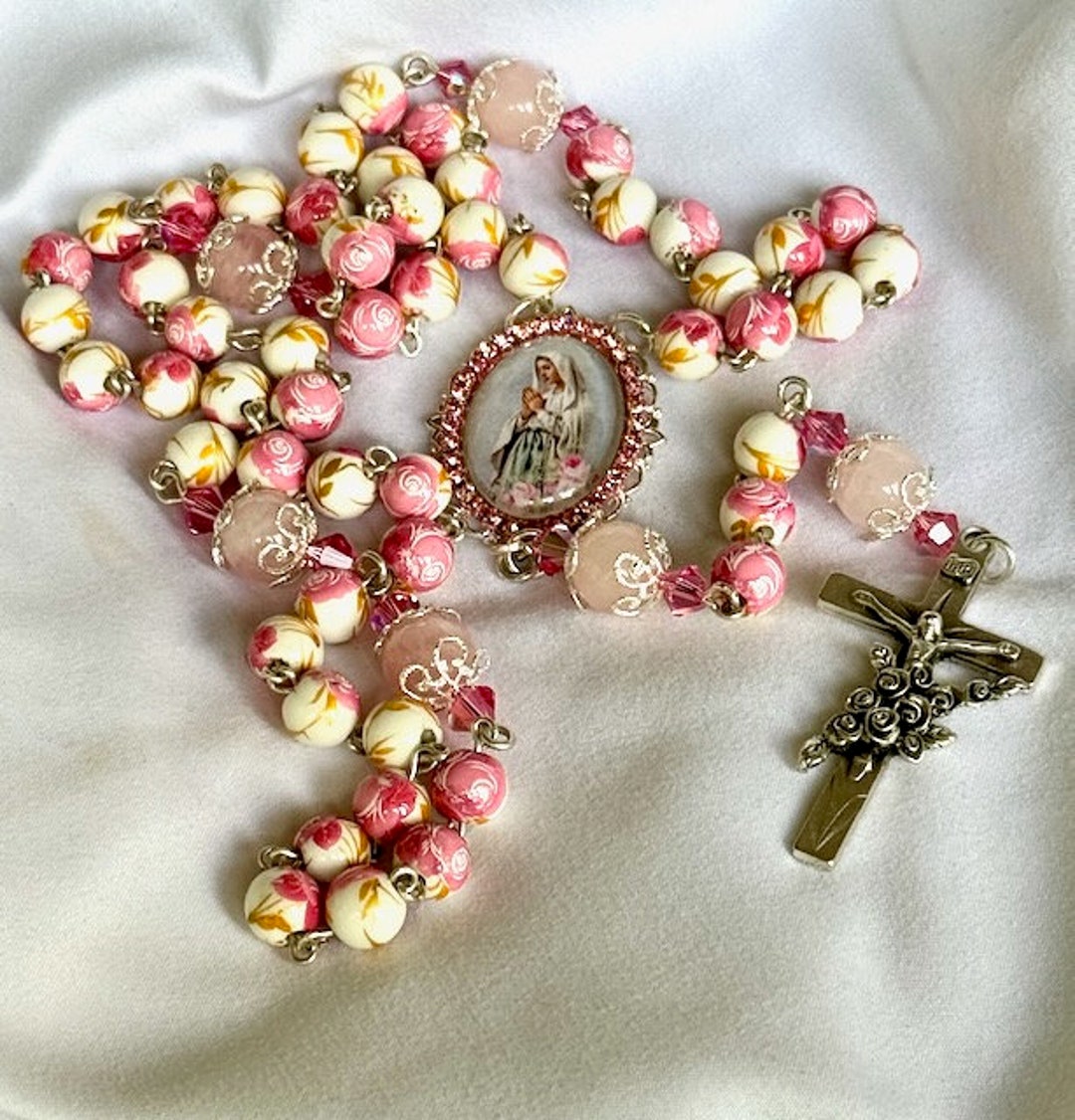 Catholic Rosary, Rose Quartz, Pink, White, Ceramic Porcelain Rose ...