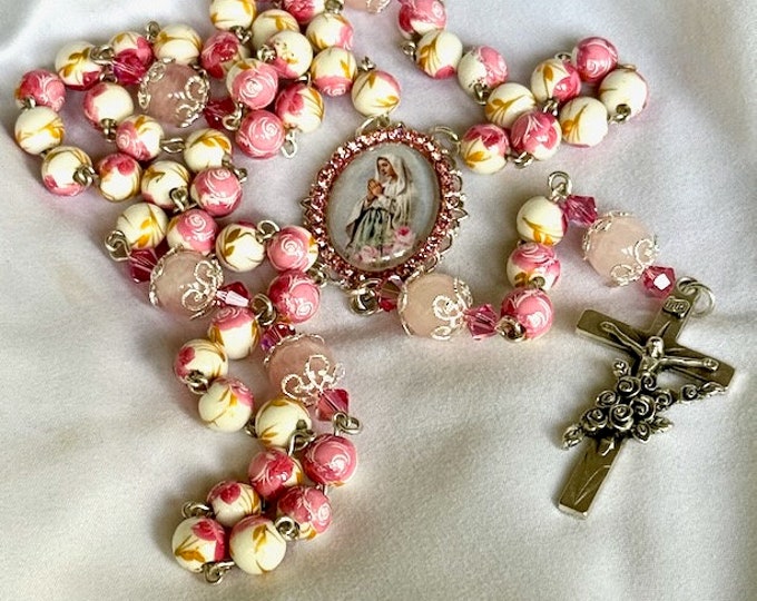Catholic Rosary, Rose Quartz, Pink, White, Ceramic Porcelain Rose ...