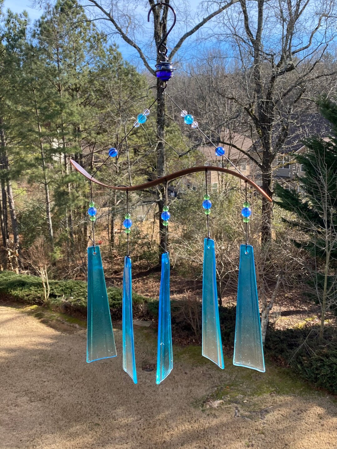 Joyous Wind Chimes, 19 Inch Light Blue Glass Handmade Wind Chime, the ...