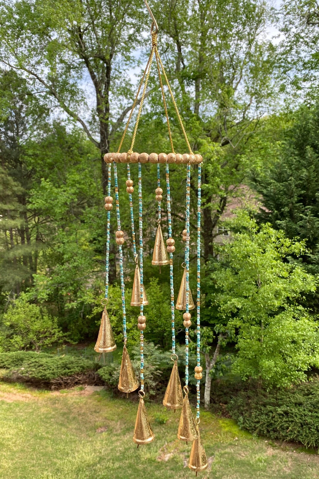 Gold & Teal Beaded Bell Wind Chime - 28 Inch - Etsy