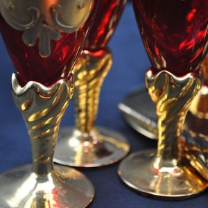 Venetian Murano Glass Ruby Red & 24K Gold Decanter Cordial Set With 6 ...