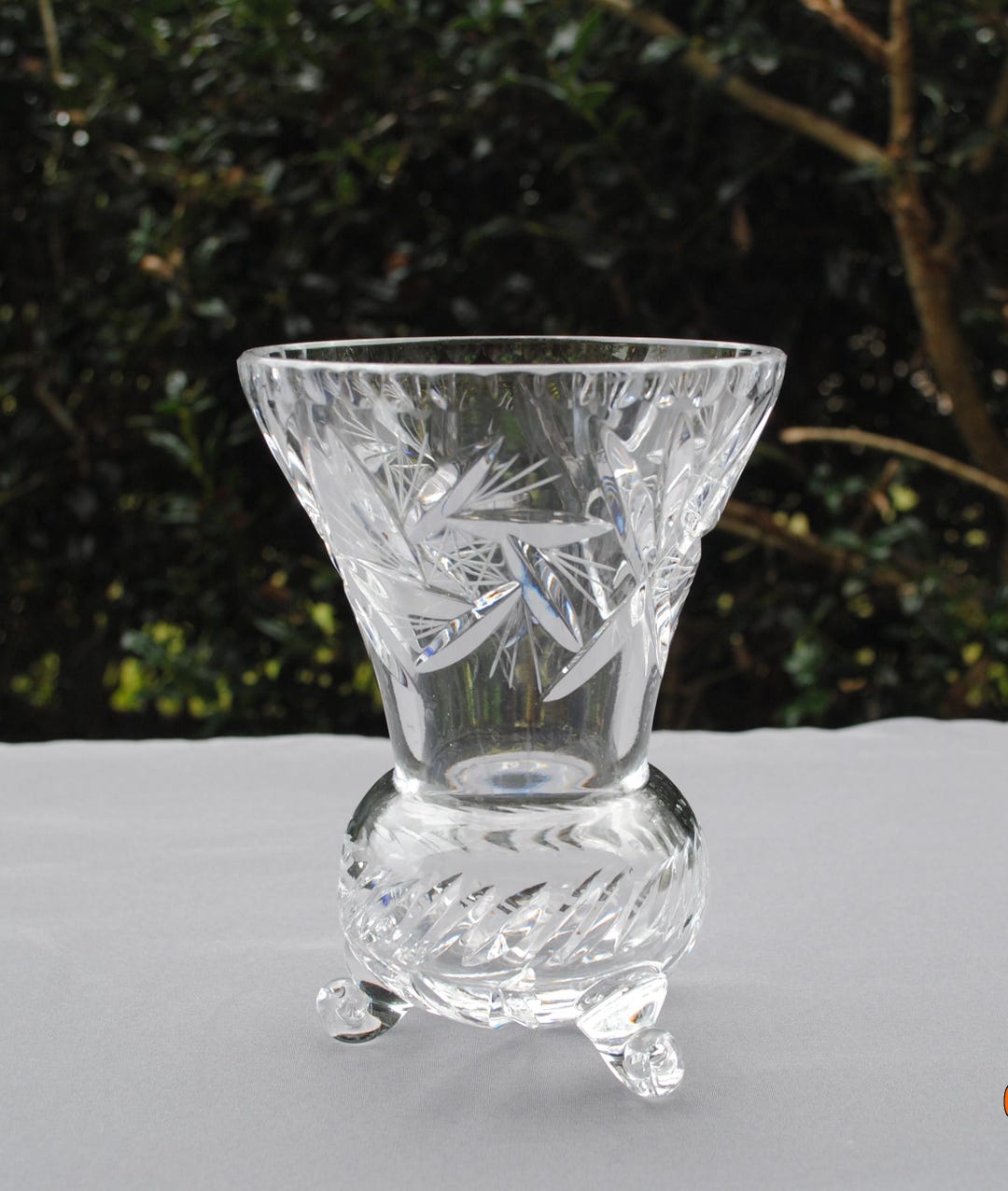 American Brilliant Cut Crystal Three Legged Vase - Star and Swirl Etch ...