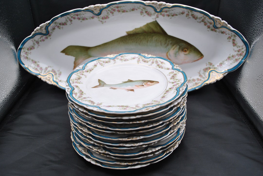 Antique L Straus & Sons Carlsbad Austria Fish Platter and 12 Plates ...