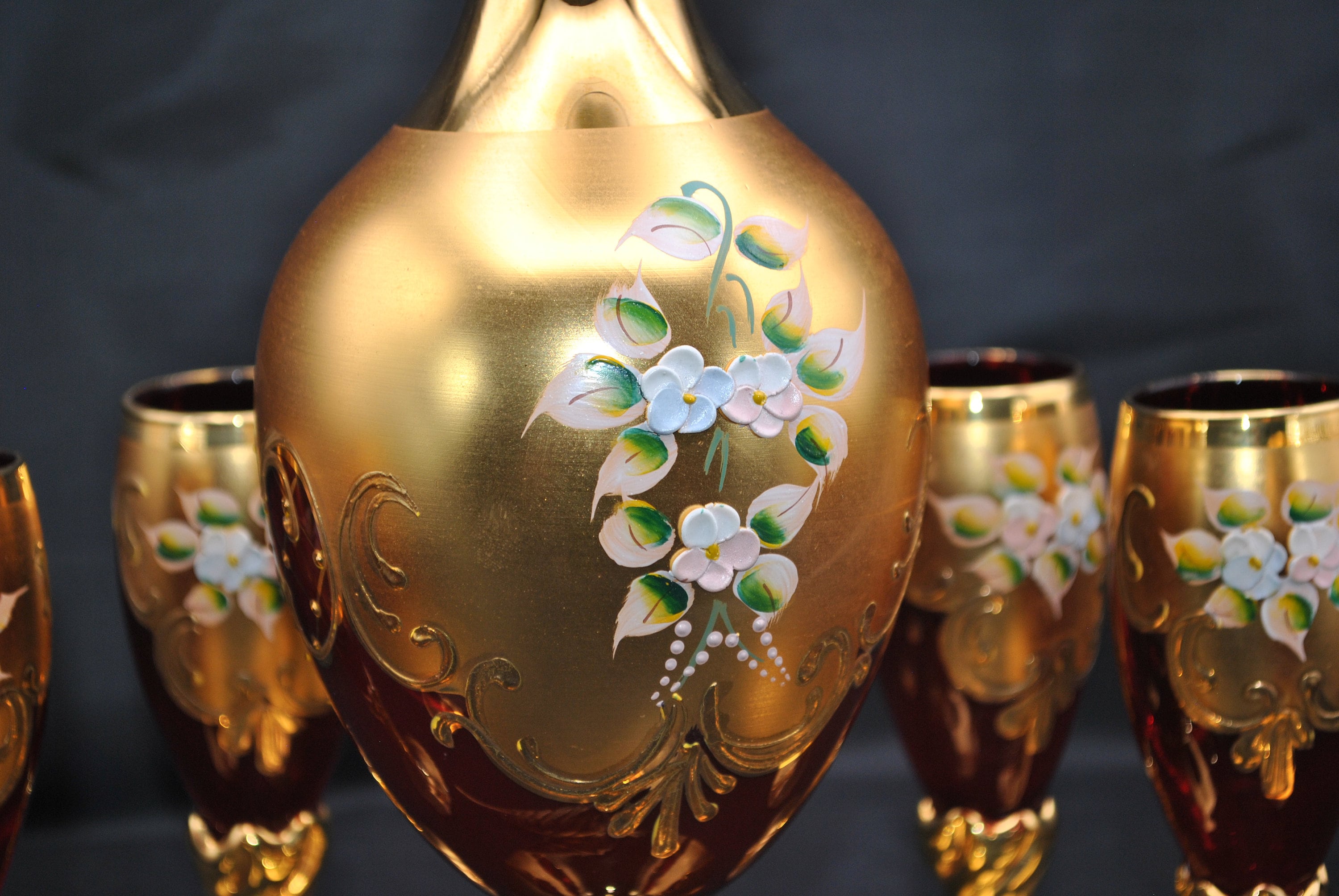 Venetian Murano Glass Ruby Red & 24K Gold Decanter Cordial Set With 6 ...