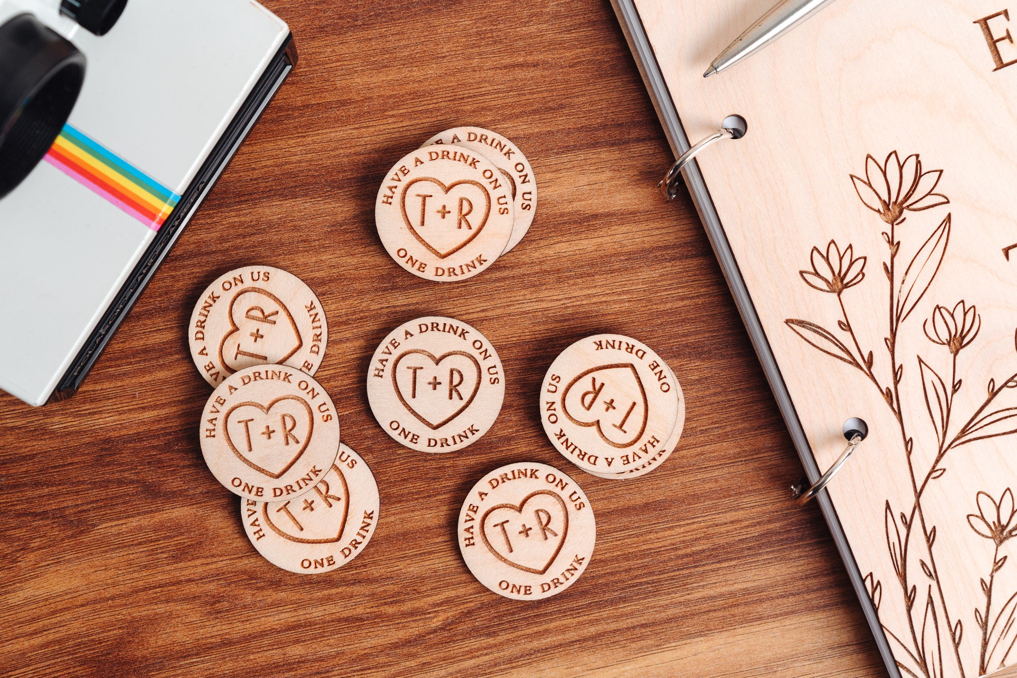 Love Heart Drinks Tokens // Wedding Couple Initials and Date. | Etsy