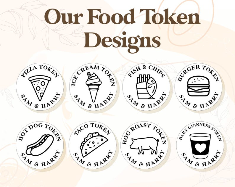 Food Tokens for Wedding & Parties | Ice Cream Pizza Fish Chips Burger ...